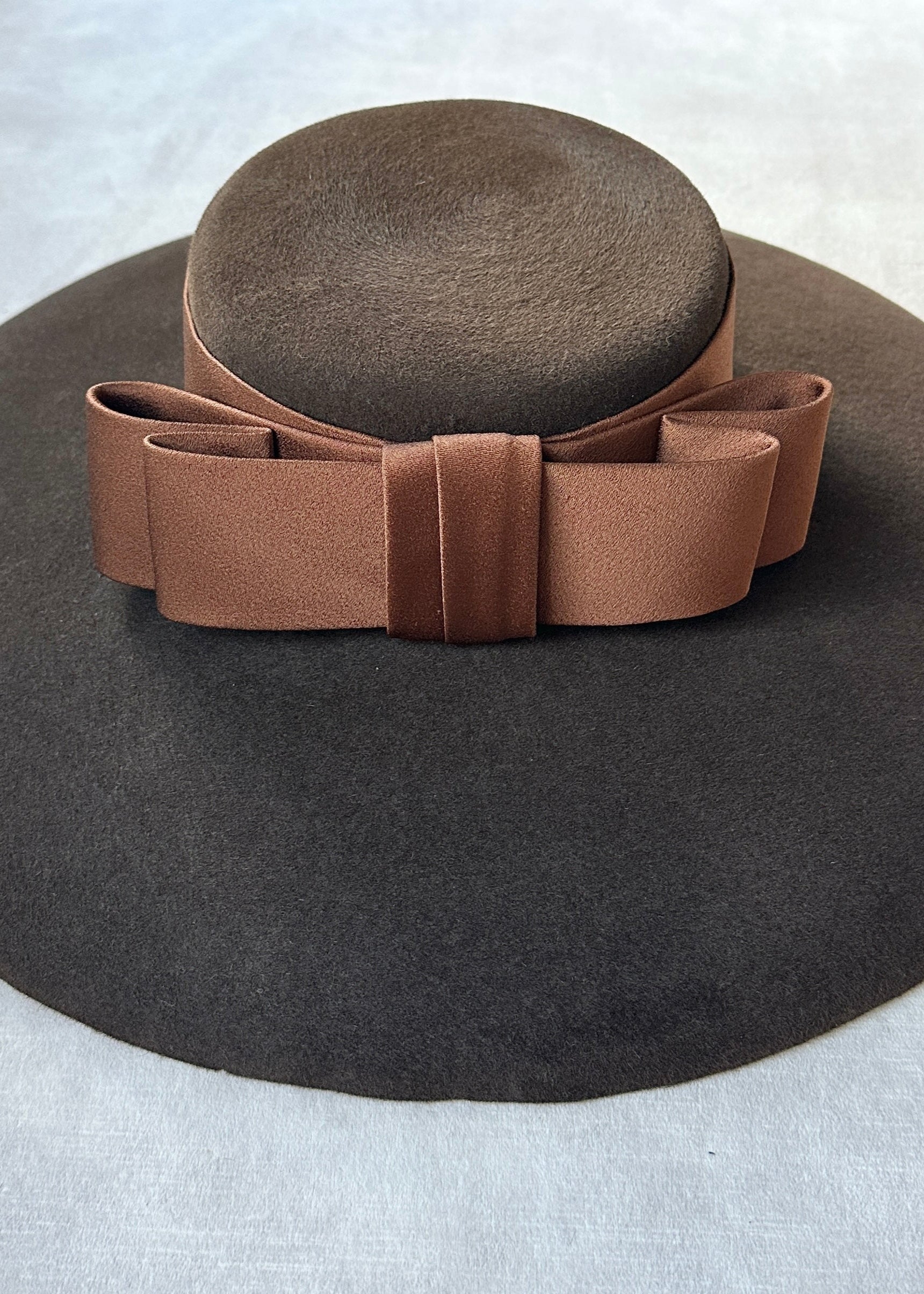 Oversized Felt Boater Hat with Satin Bow in Brown - Jane Taylor London